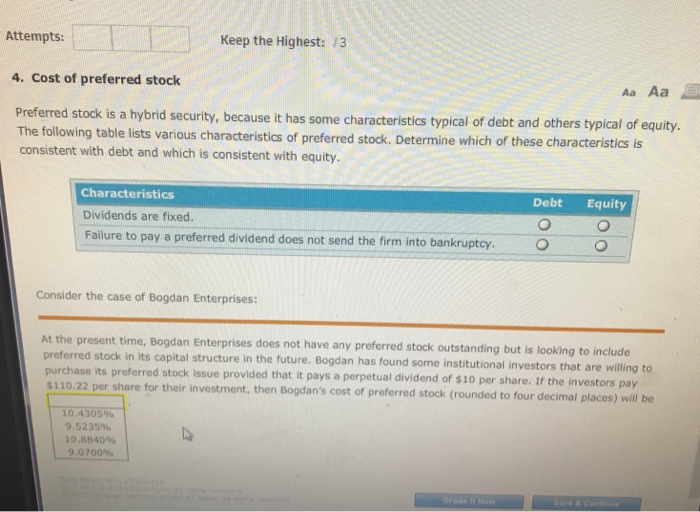 Solved Attempts: Keep the Highest: /3 4. Cost of preferred | Chegg.com