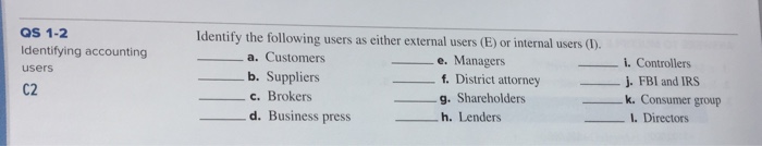 Solved QS 1-2 Identifying accounting users C2 Identify the | Chegg.com