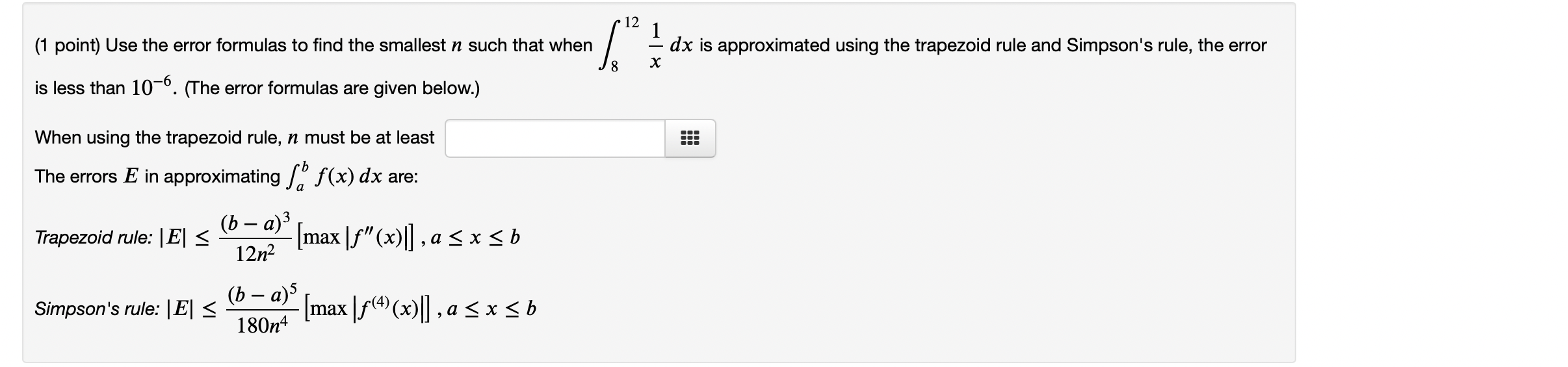 Solved (1 point) Use the error formulas to find the smallest | Chegg.com