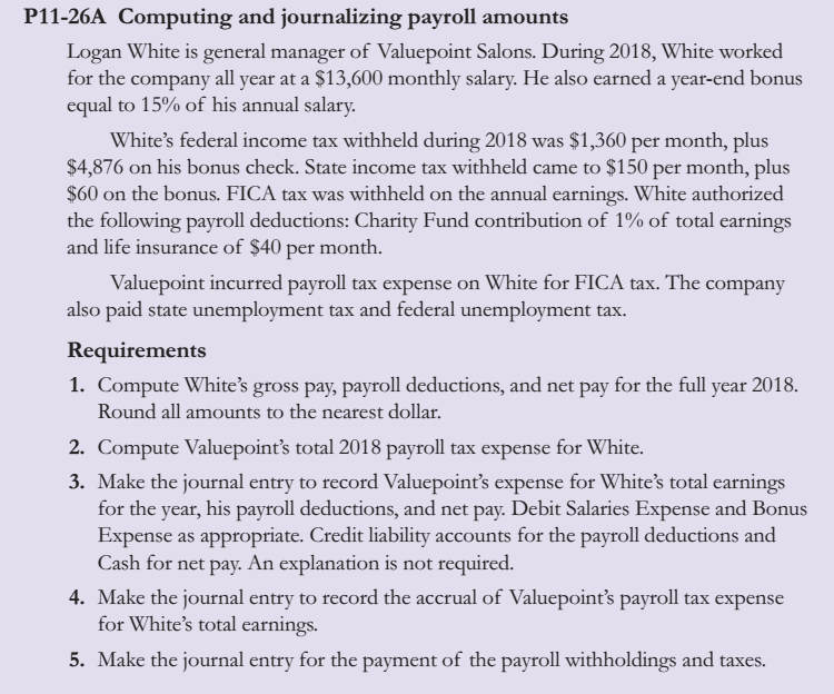 Solved P11-26A Computing and journalizing payroll amounts | Chegg.com
