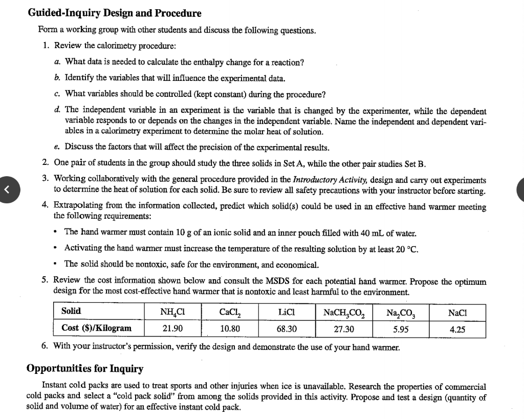 Guided-Inquiry Design and Procedure Form a working | Chegg.com