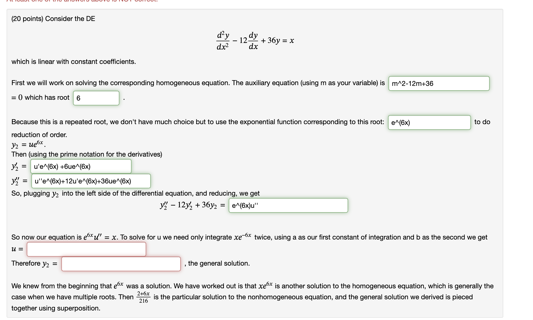 Solved (20 ﻿points) ﻿Consider the DEd2ydx2-12dydx+36y=xwhich | Chegg.com