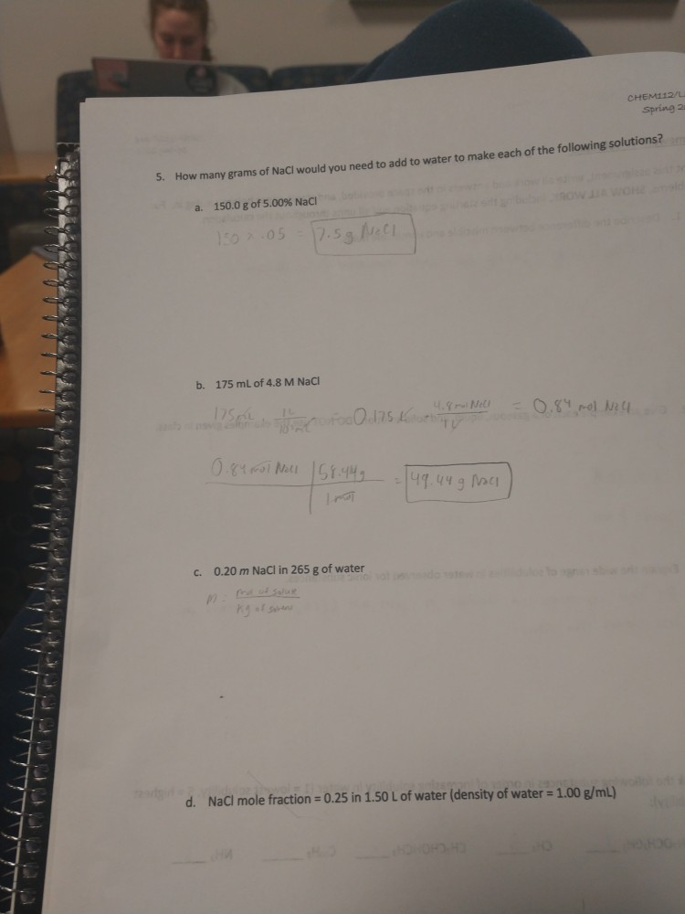 Solved CHEMI12/ Spring 2 5. How many grams of NaCl would you | Chegg.com