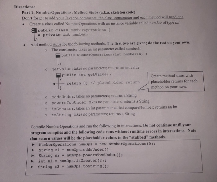 Solved Directions: Part 1: NumberOperations: Method Stubs | Chegg.com
