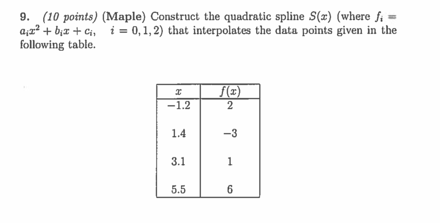 9. (10 points) (Maple) Construct the quadratic spline | Chegg.com