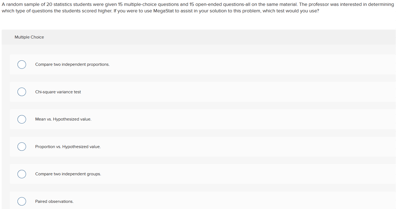 Solved A random sample of 20 statistics students were given | Chegg.com