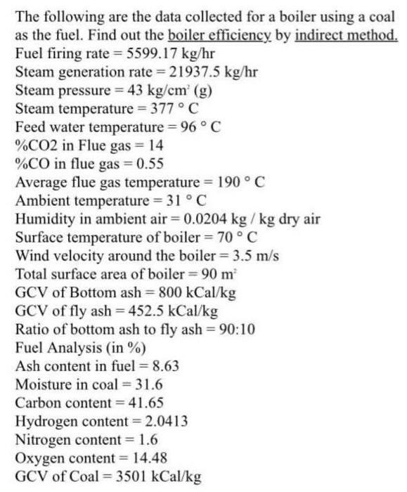 Solved The following are the data collected for a boiler | Chegg.com