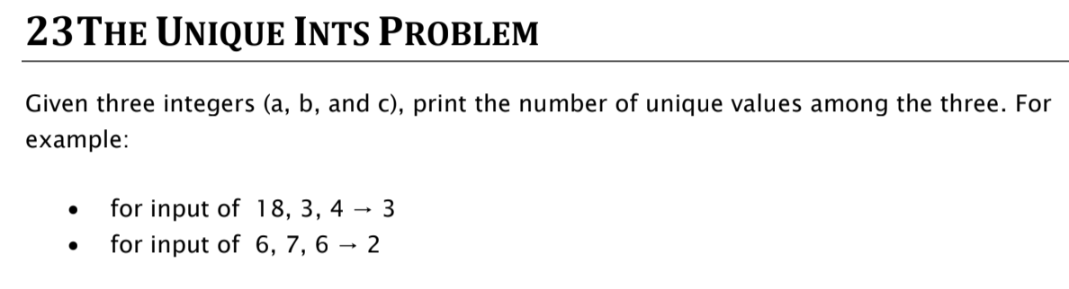 Solved 23THE UNIQUE INTS PROBLEM Given three integers (a, b, | Chegg.com