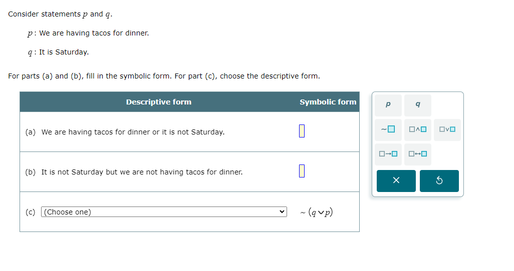 Solved Consider statements \( ﻿p \) ﻿and \( ﻿q \).\( ﻿p \) | Chegg.com