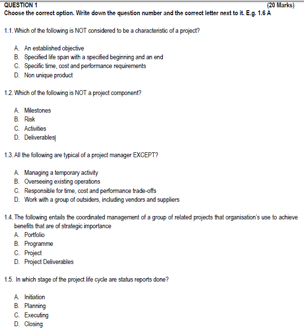 Solved QUESTION 1 (20 Marks) Choose the correct option. | Chegg.com