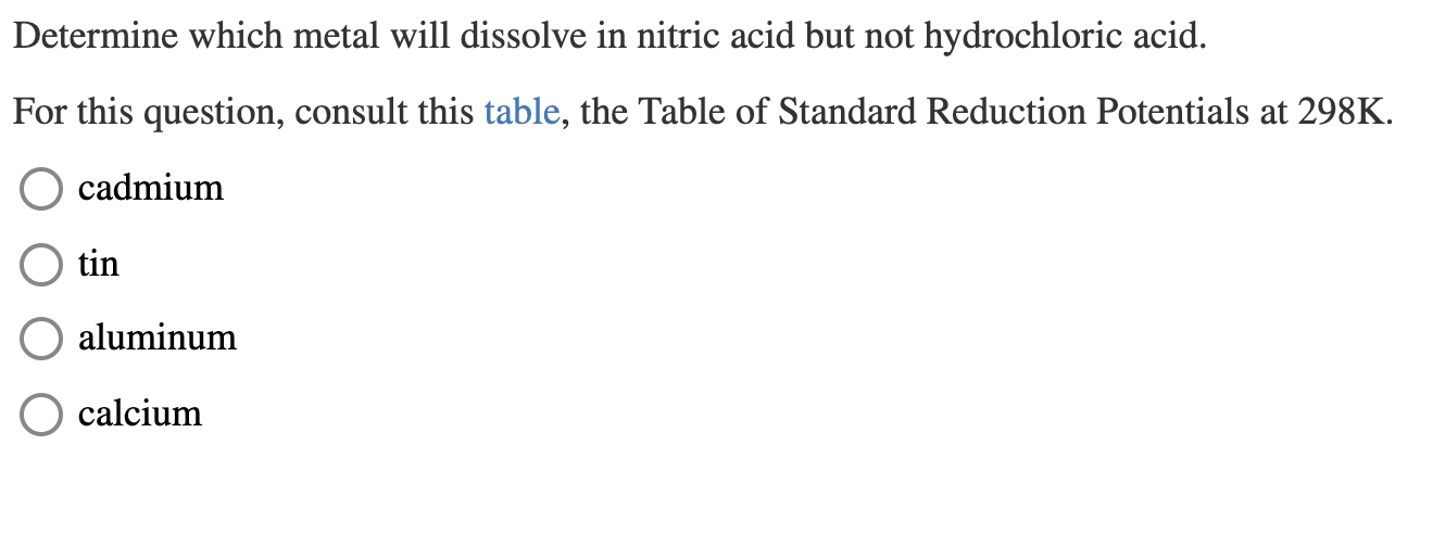 Solved Determine which metal will dissolve in nitric acid | Chegg.com