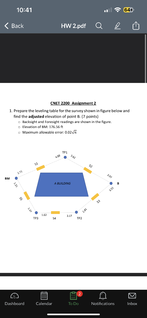 Solved 1. Prepare the leveling table for the survey shown in | Chegg.com