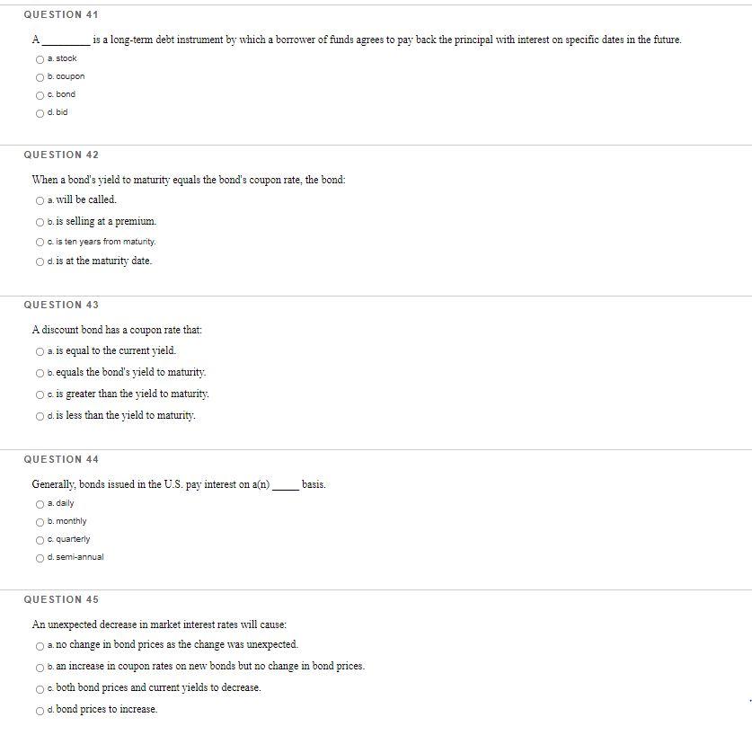 Solved QUESTION 41 is a long-term debt instrument by which a | Chegg.com