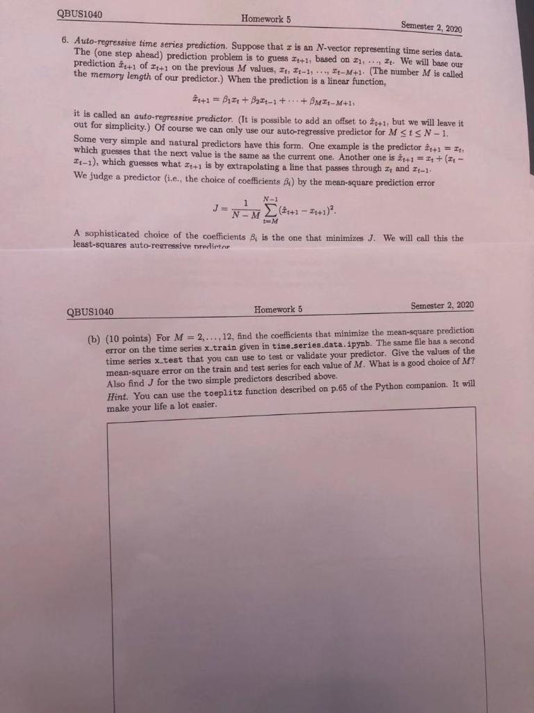 QBUS1040 Homework 5 Semester 2, 2020 6. | Chegg.com