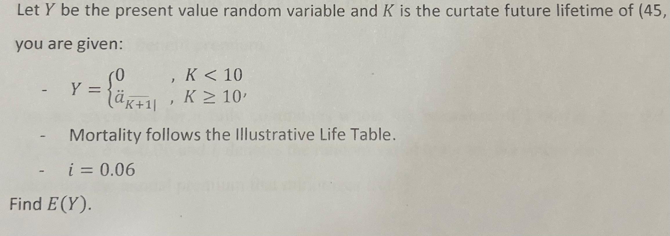 Let Y be the present value random variable and K is | Chegg.com