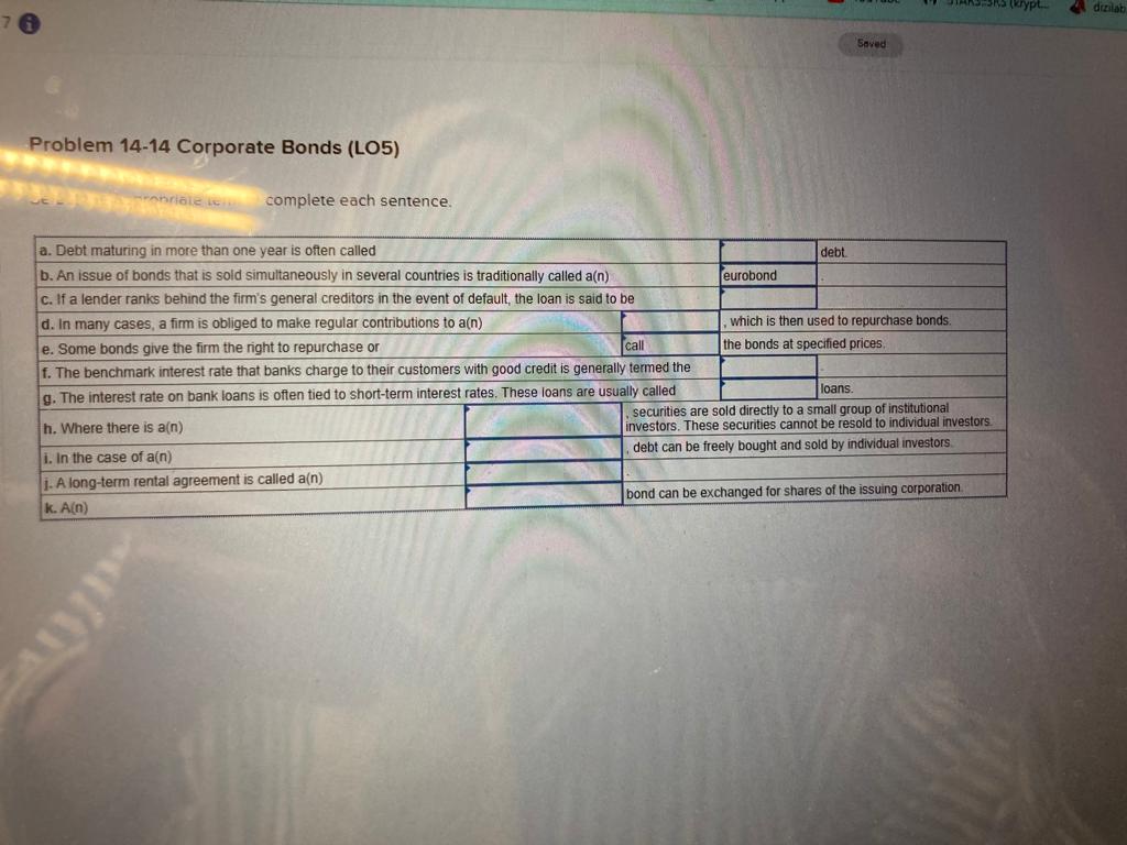 Solved Problem 14-14 Corporate Bonds (LO5) complete each | Chegg.com