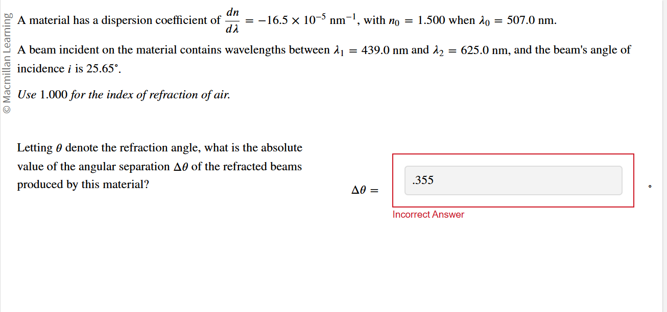 Solved A material has a dispersion coefficient | Chegg.com