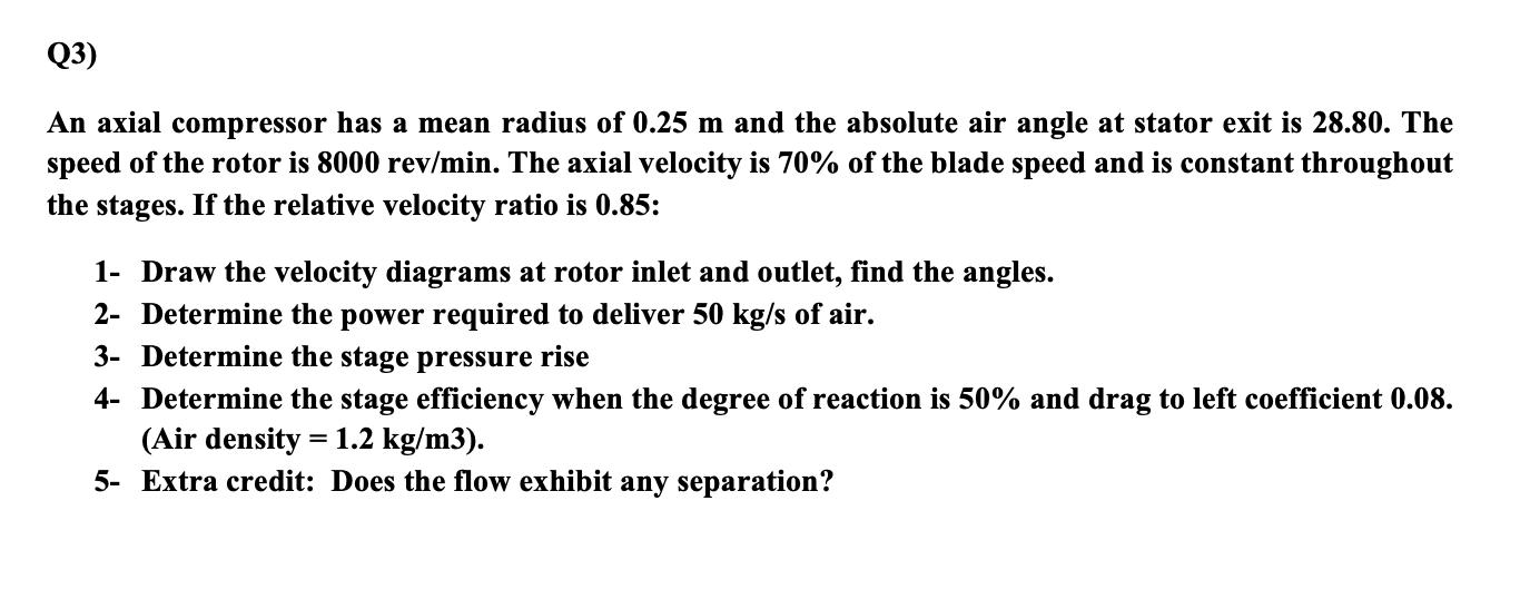 Solved Q3) An axial compressor has a mean radius of 0.25 m | Chegg.com