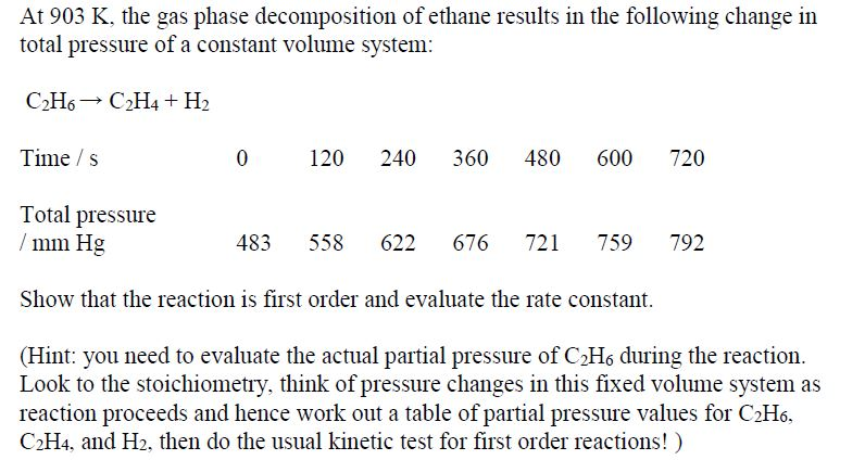 Solved At 903 K, the gas phase decomposition of ethane | Chegg.com
