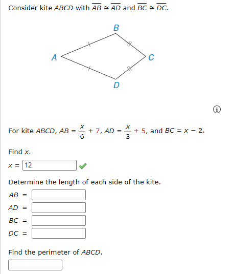 Solved Consider kite ABCD with ABAD and BC = DC. B C A D X | Chegg.com