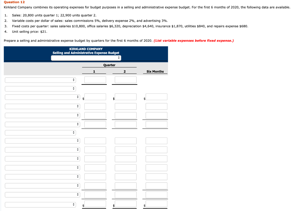 Solved Question 12 Kirkland Company combines its operating | Chegg.com