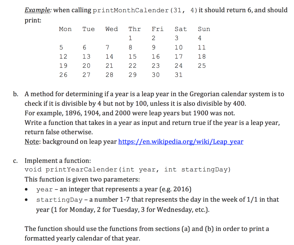 Solved Implementing A Calendar Function In C We Can t Use Chegg