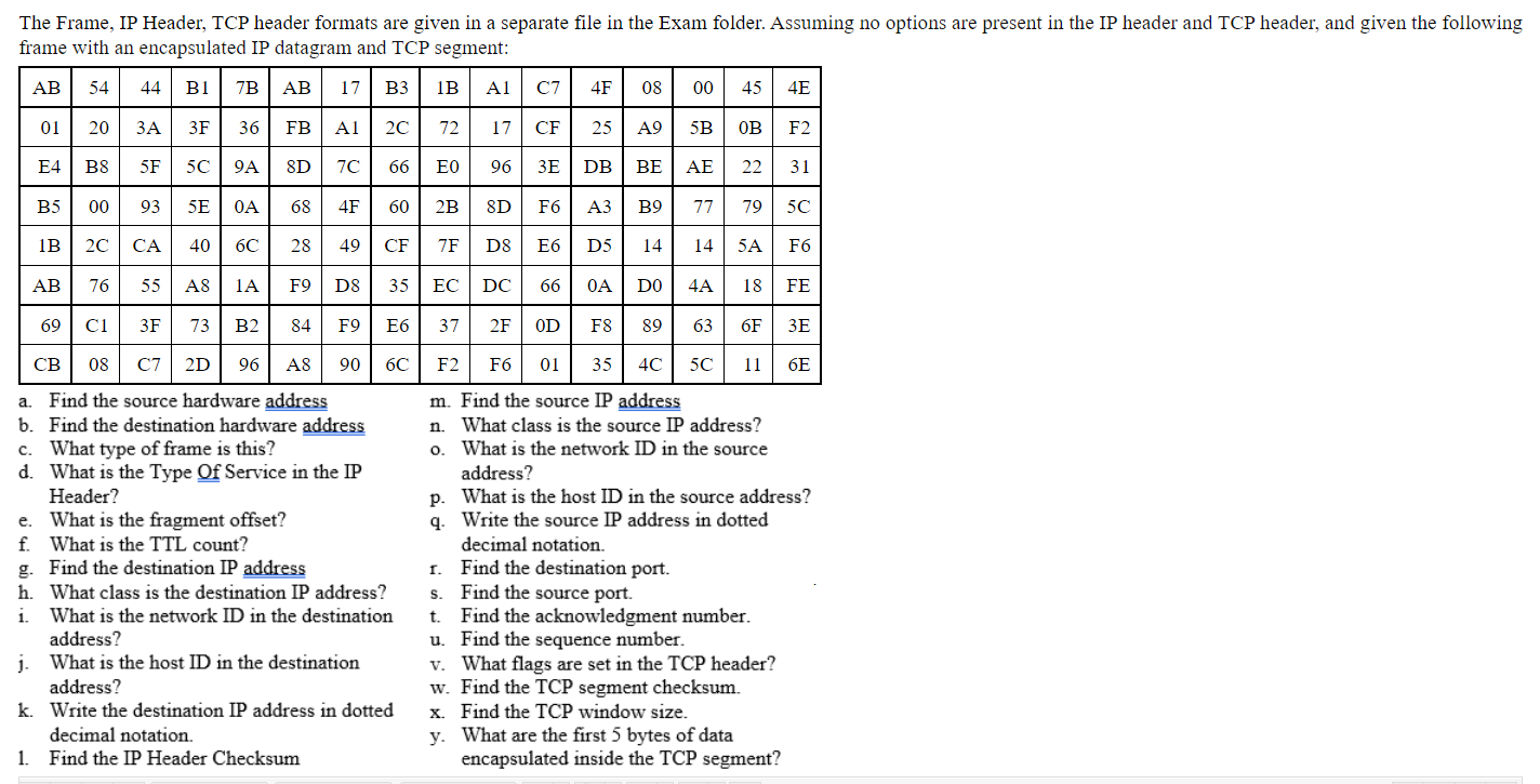 Solved The Frame, IP Header, TCP header formats are given in | Chegg.com
