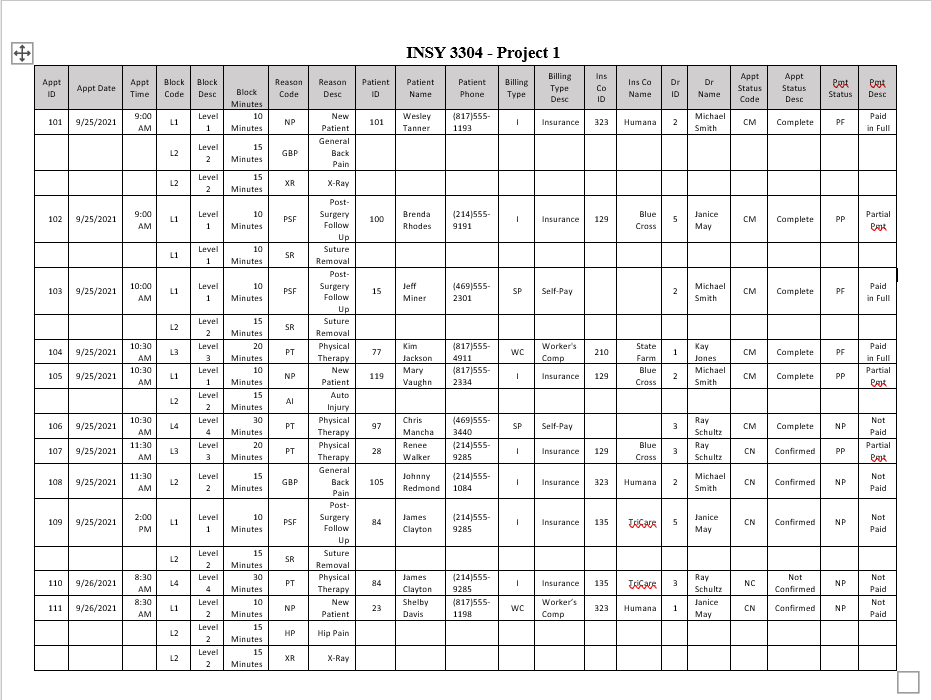 Solved e INSY 3304 - Project 1 Appt ID Appt Date Appt Time | Chegg.com