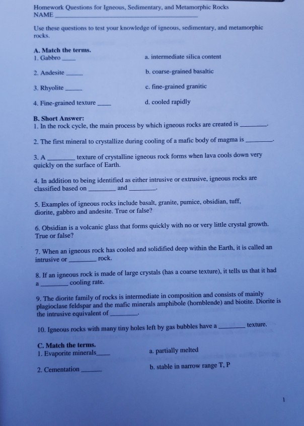 Solved Homework Questions for Igneous, Sedimentary, and | Chegg.com