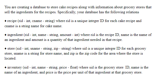 Solved You are creating a database to store cake recipes | Chegg.com