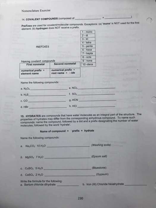 Solved 14. COVALENT COMPOUNDS (composed of Prefixes are used | Chegg.com