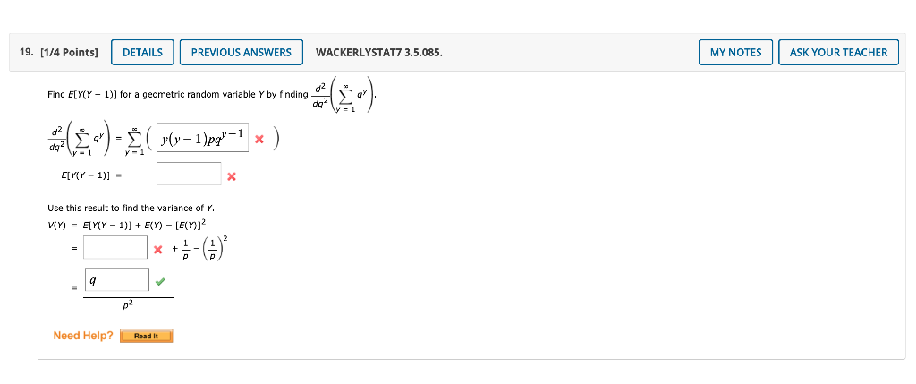 Solved Find E Yy−1 For A Geometric Random Variable Y By 6963