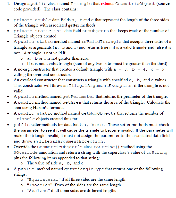 Solved 1. Design a public class named Triangle that extends | Chegg.com