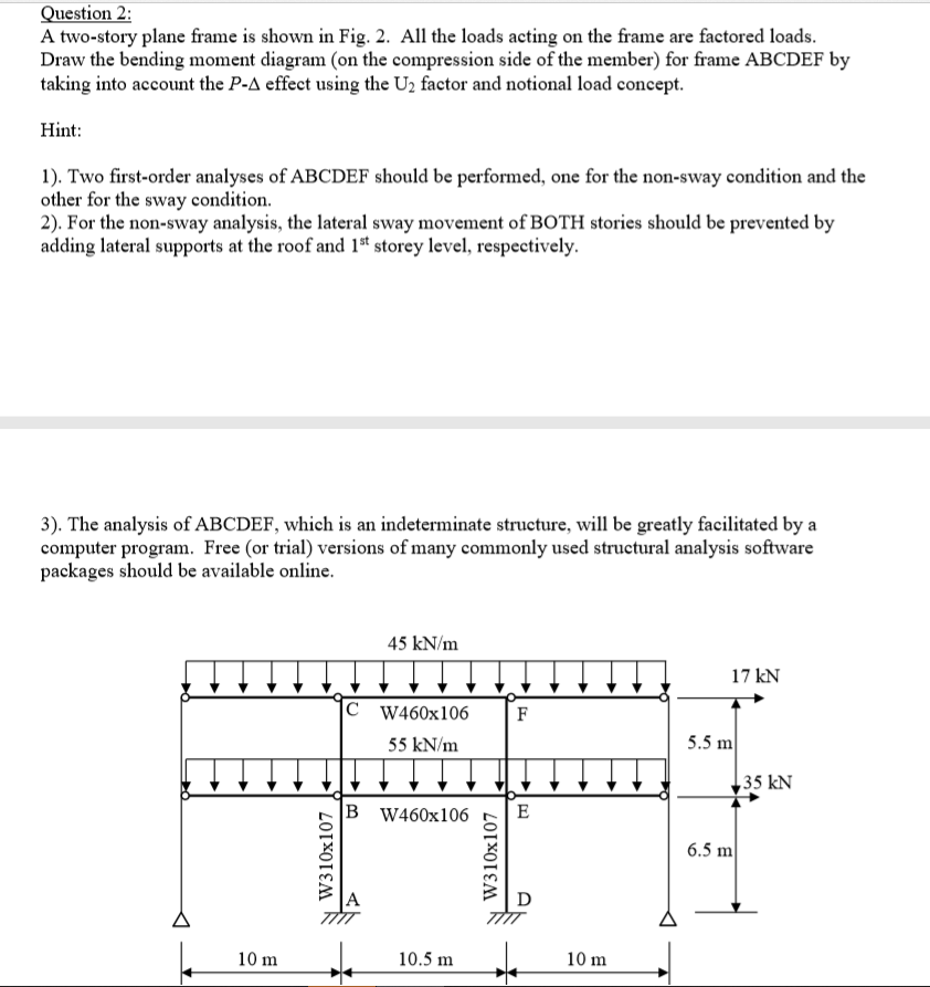 Question 2: A two-story plane frame is shown in Fig. | Chegg.com
