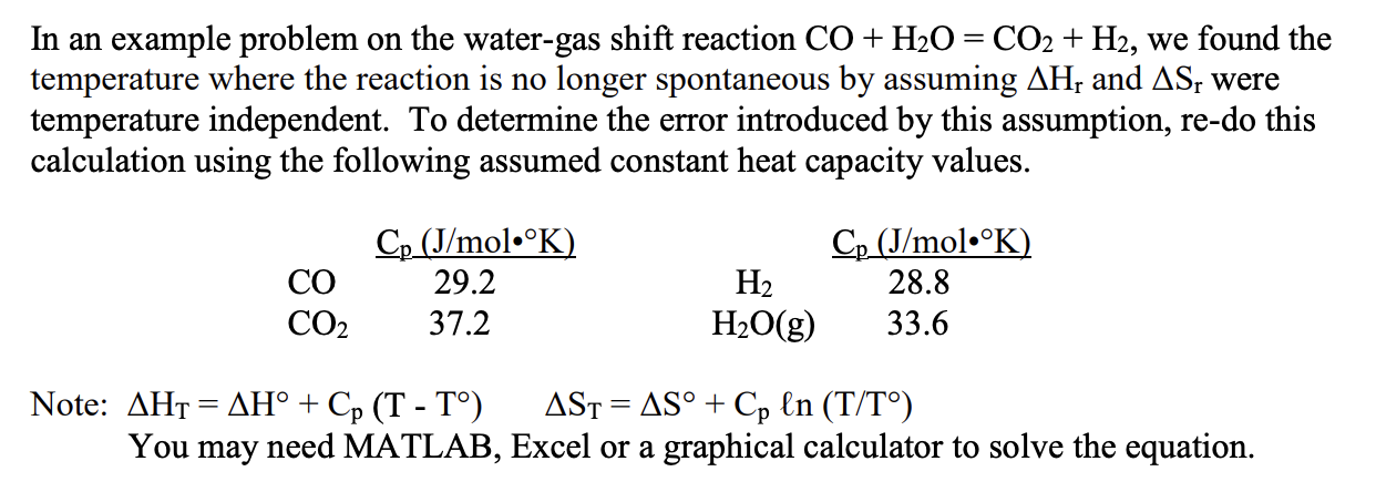 Solved In an example problem on the water-gas shift reaction | Chegg.com