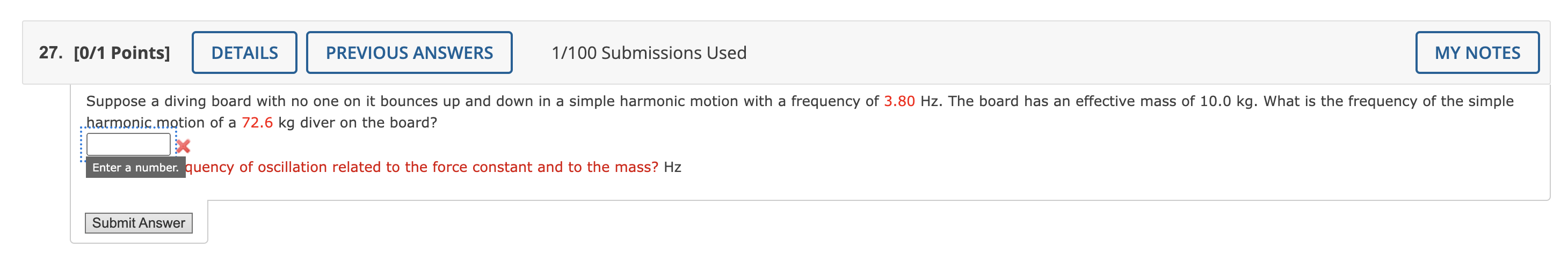 Solved [0/1 Points] 1/100 Submissions Used Suppose a diving | Chegg.com