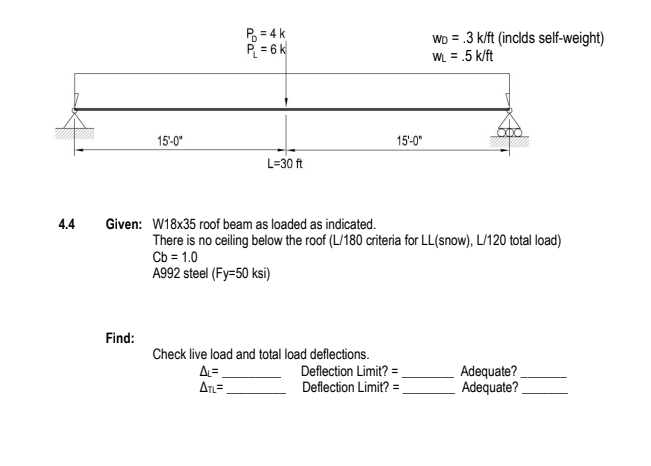 Solved Given: W18x35 roof beam as loaded as indicated. There | Chegg.com