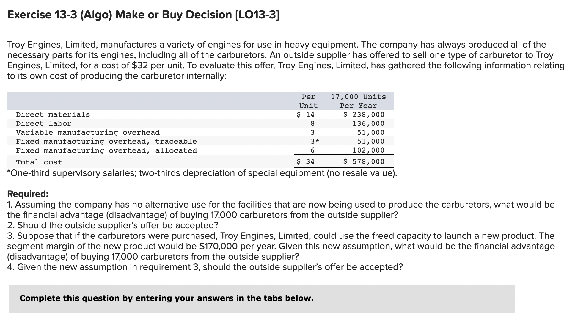 Solved Exercise 13-3 (Algo) Make or Buy Decision [LO13-3] | Chegg.com