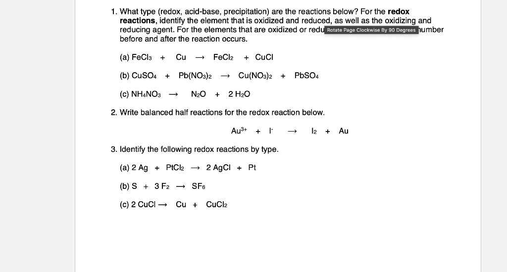 Solved 1. What type (redox, acid-base, precipitation) are | Chegg.com