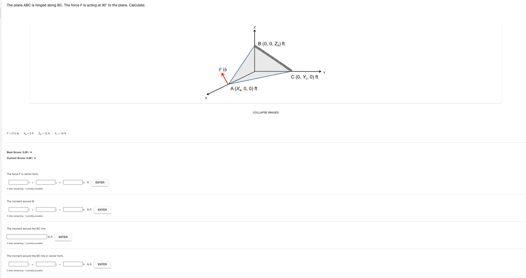 Solved The plane ABC is hinged along BC. The force F is | Chegg.com