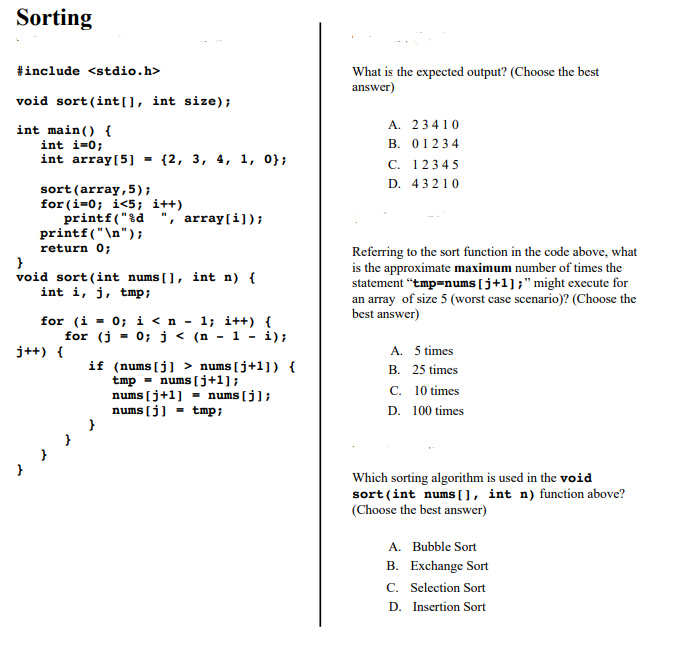 Solved Sorting What is the expected output? (Choose the best | Chegg.com