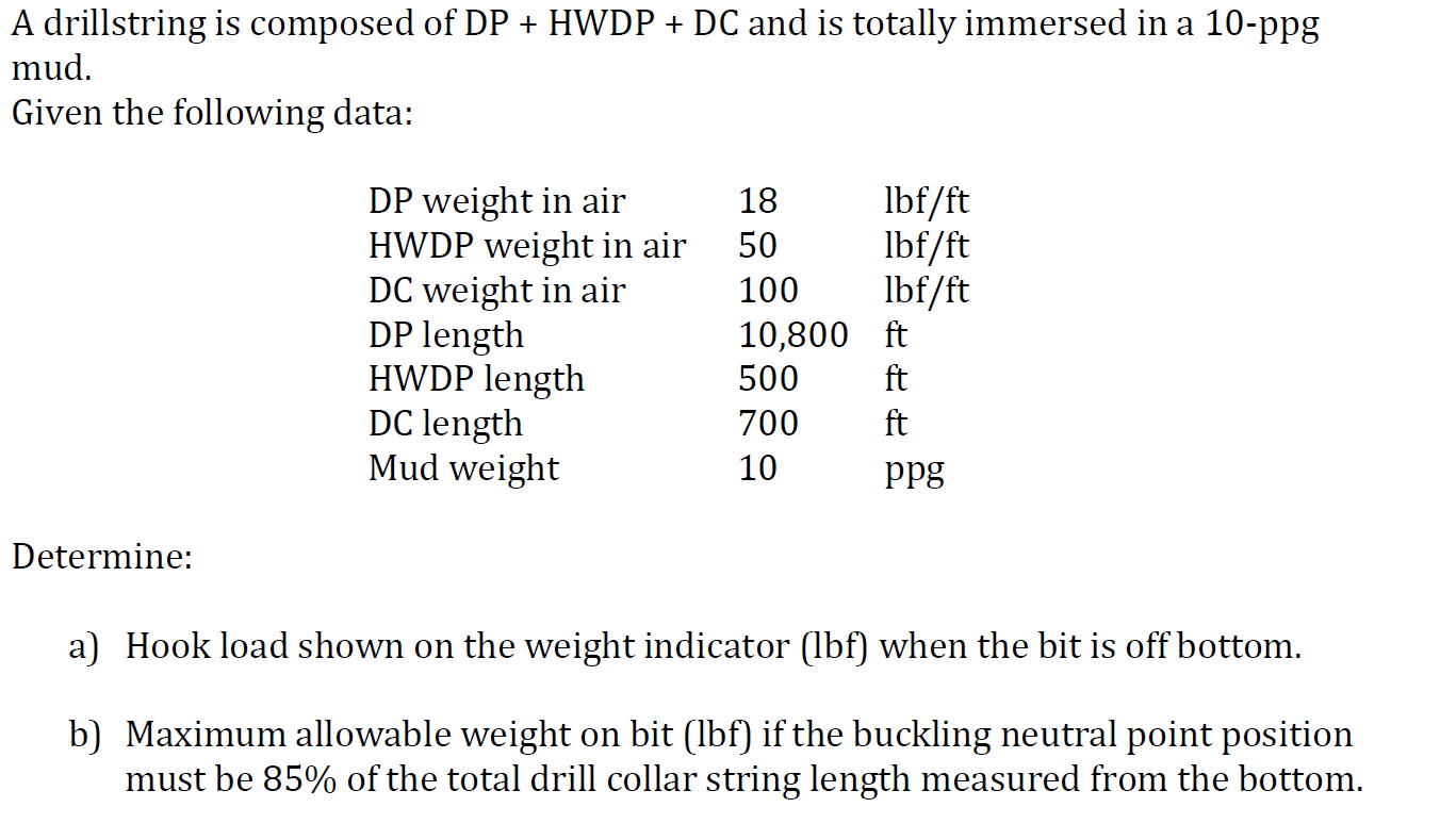 A drillstring is composed of DP + HWDP + DC and is | Chegg.com