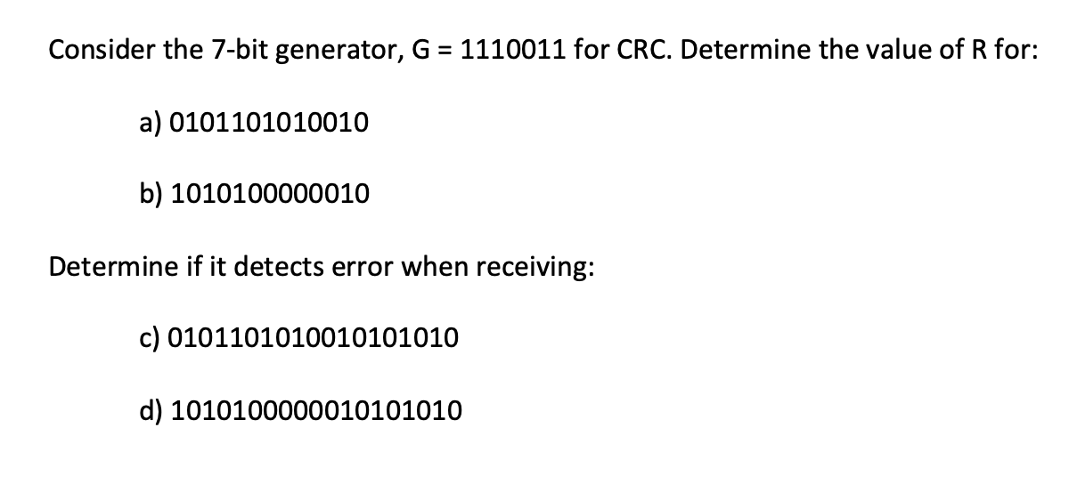Solved Consider the 7-bit generator, G = 1110011 for CRC. | Chegg.com