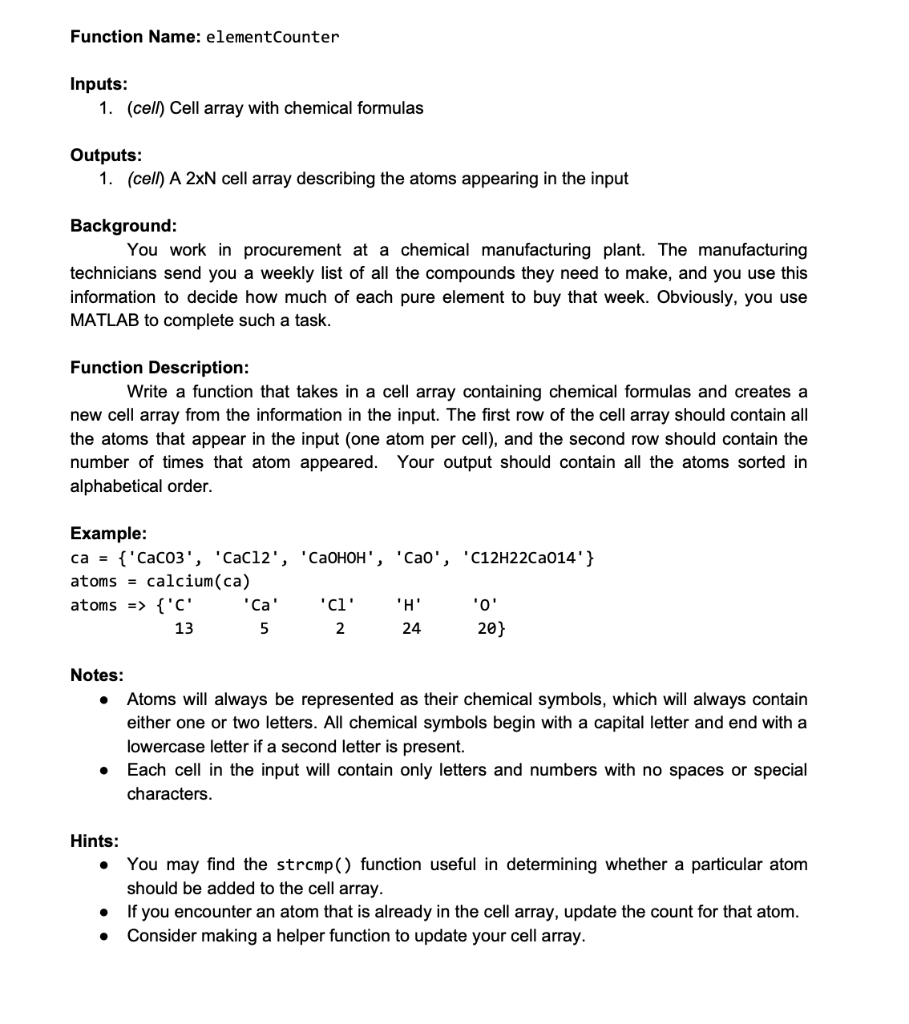 Function Name: elementCounter Inputs: 1. (cell) Cell | Chegg.com