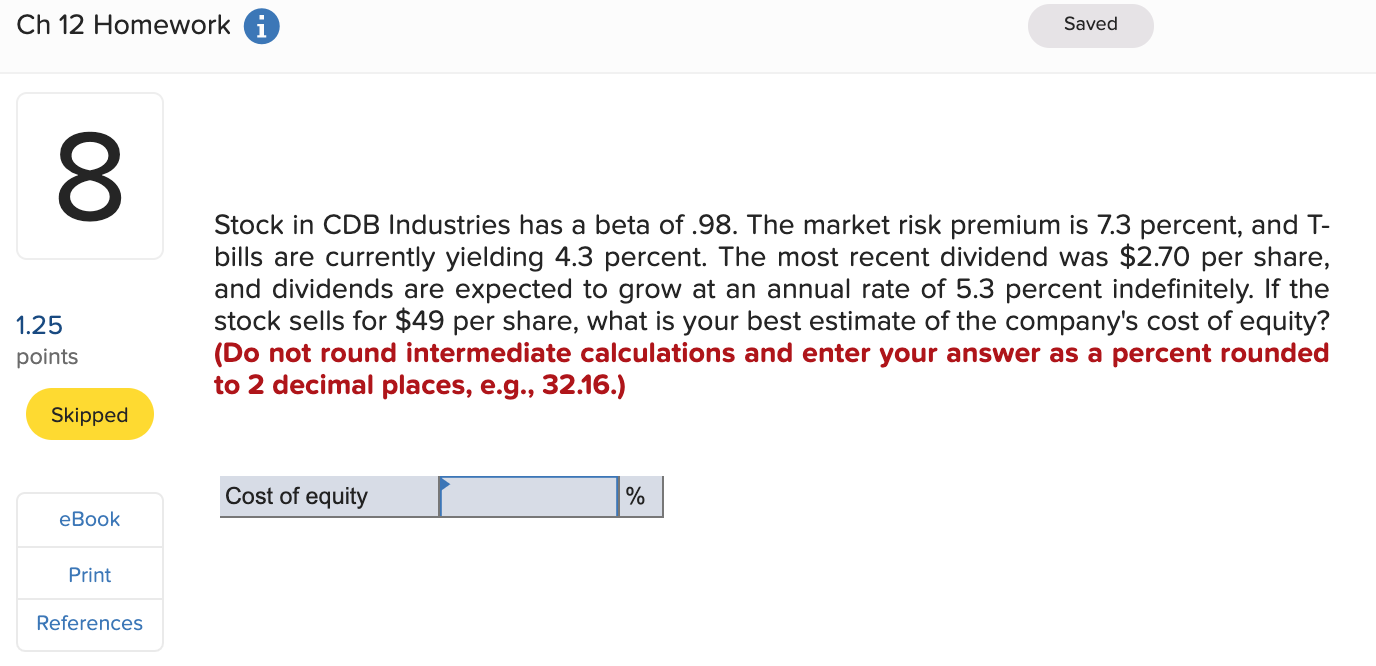 Solved Ch 12 Homework i Saved CO Stock in CDB Industries has | Chegg.com