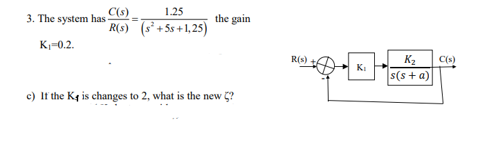 Solved 3. The system has R(s)C(s)=(s2+5s+1,25)1.25 the gain | Chegg.com