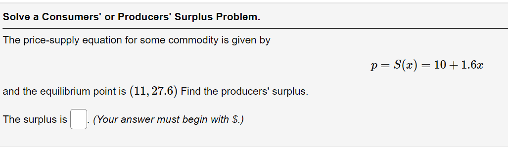 Solved Solve a Consumers' or Producers' Surplus Problem.The | Chegg.com