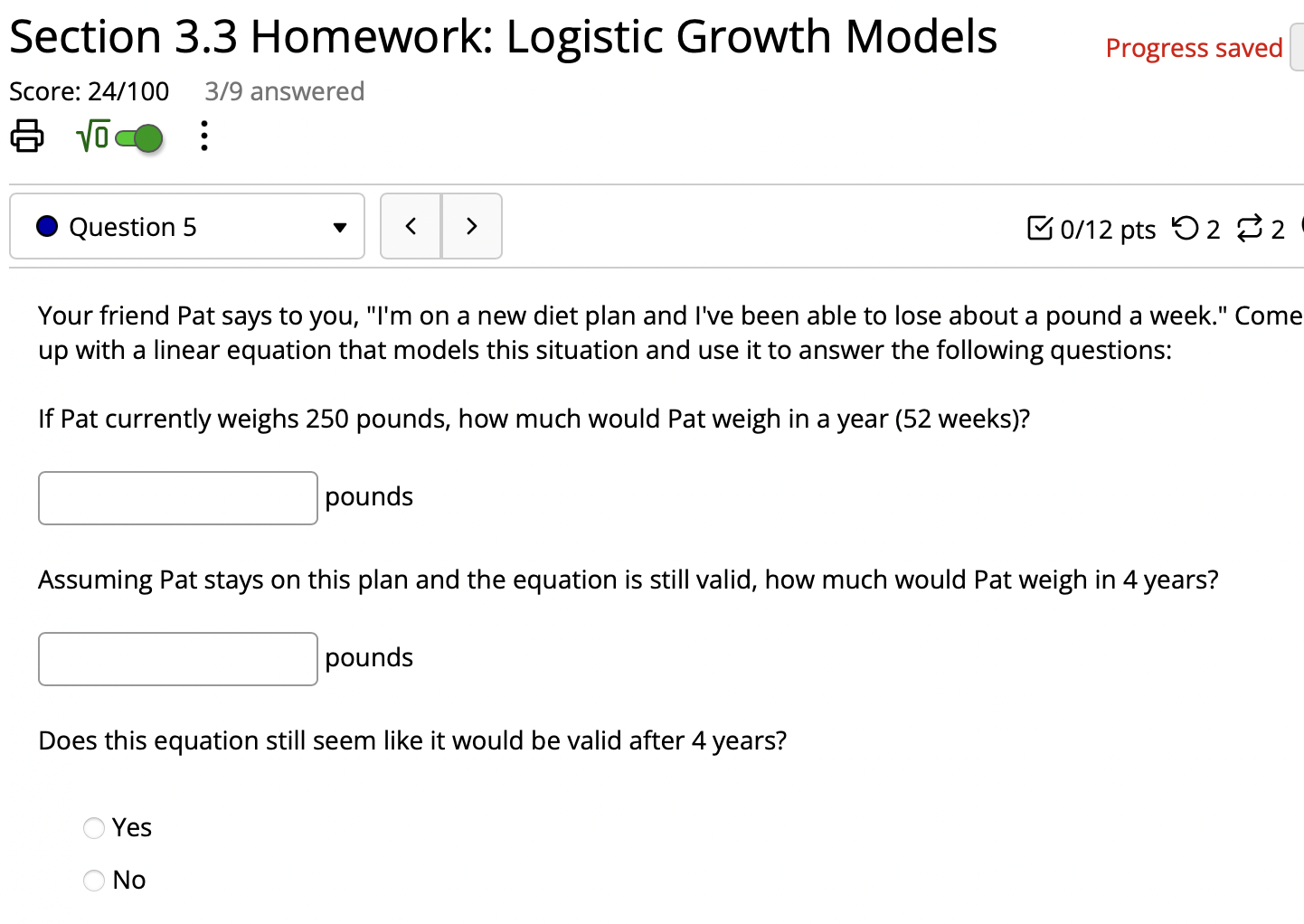 Solved Section 3.3 Homework: Logistic Growth Models Progress | Chegg.com
