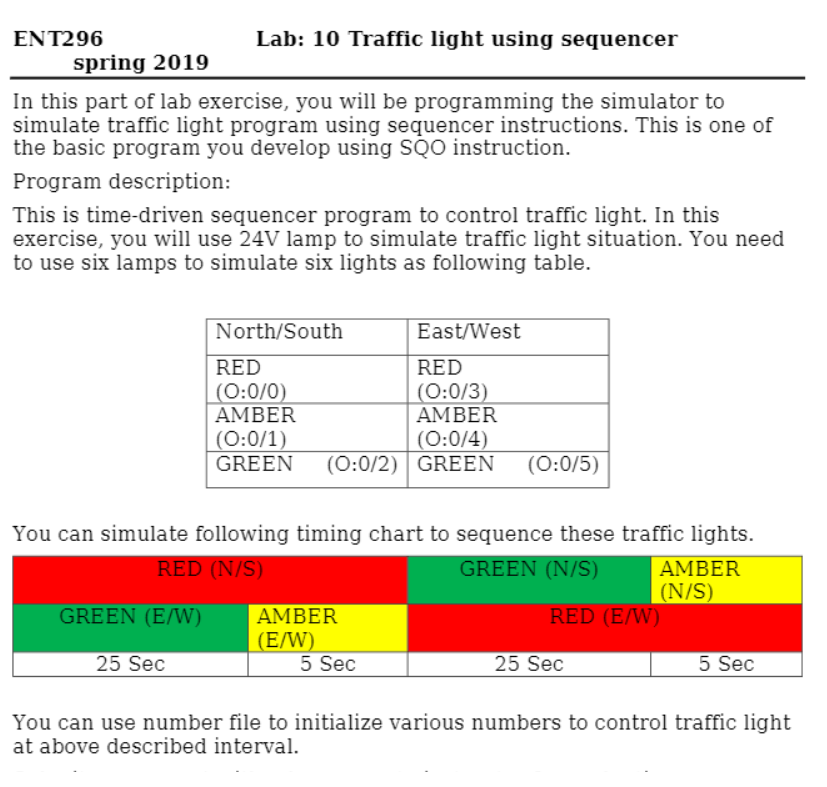 ENT296 Lab: 10 Traffic light using sequencer spring | Chegg.com