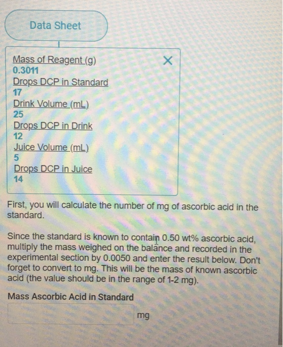Solved Data Sheet Mass of Reagent (g) 0.3011 Drops DCP in | Chegg.com